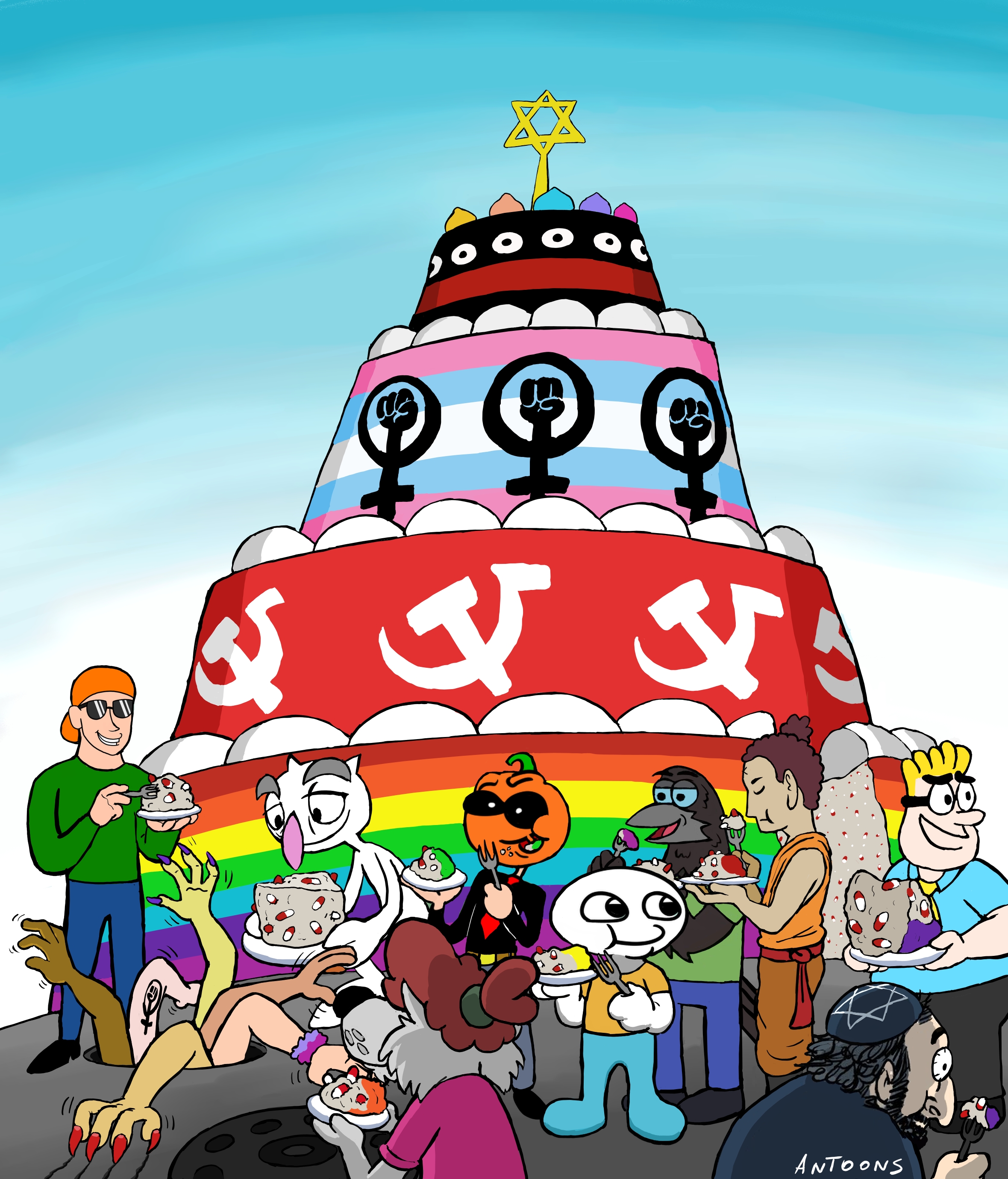 Mr.Freaks eats a cake with his friends | Antoonscape